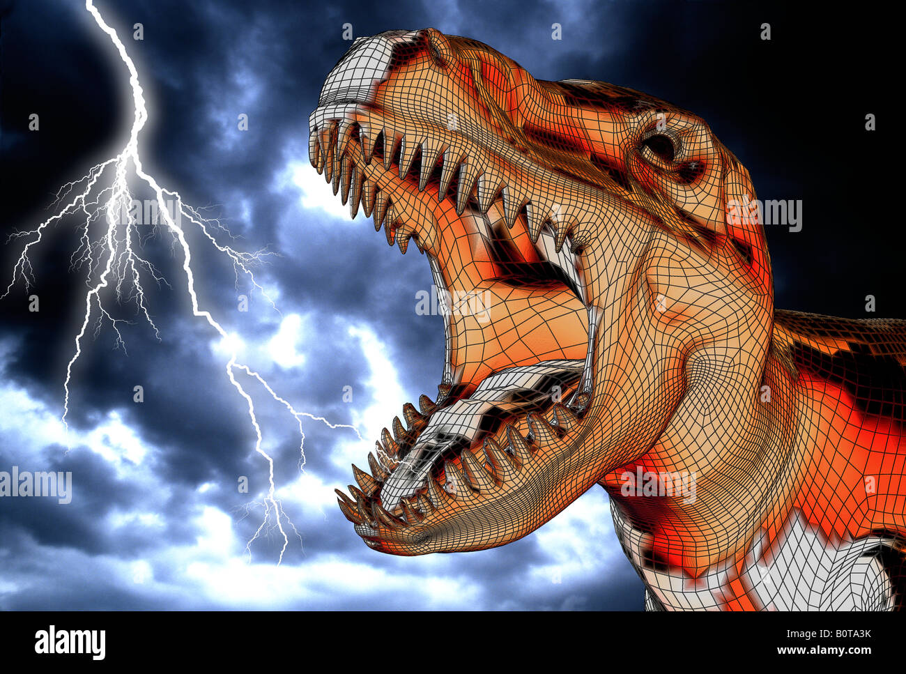 computer generated TyrannosaurusRex howling at lightning stormy sky ...
