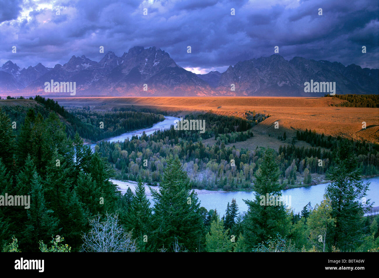 Stormy sunrise over the Grand Tetons from the Snake River Overlook Grand Teton National Park ...