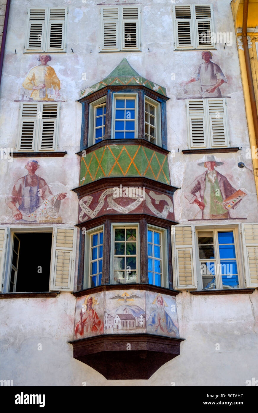 Decorated buildings in the stylish city of Bolzano in the Italian Tyrol ...