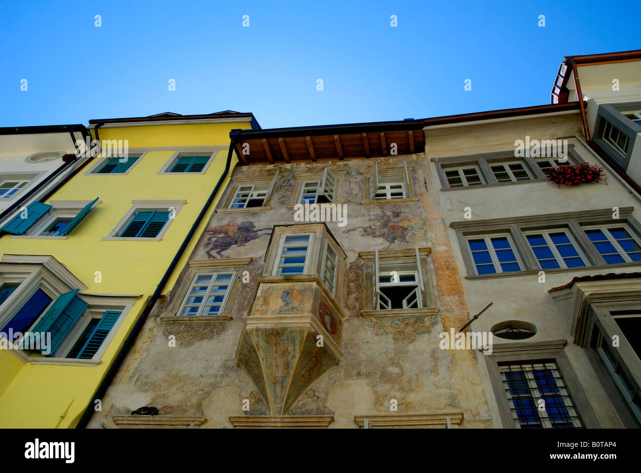 Decorated buildings in the stylish city of Bolzano in the Italian Tyrol ...