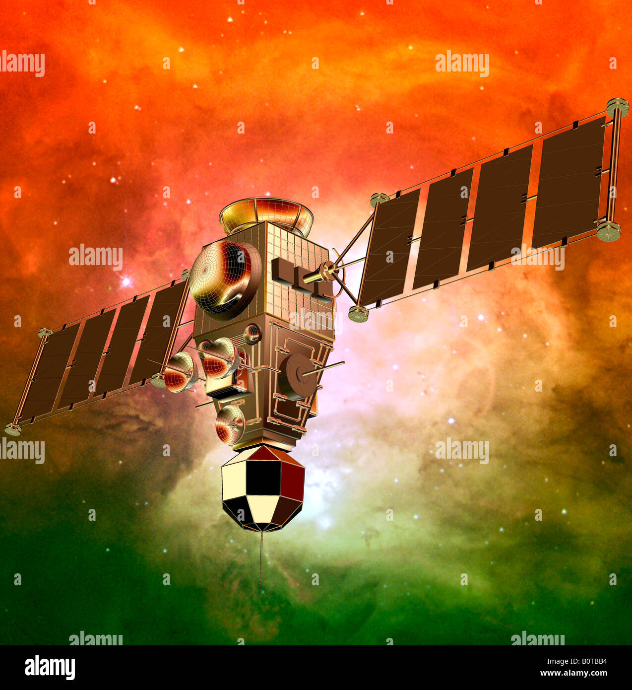 Computer generated space vehicle shown against a colorful galaxy Stock ...