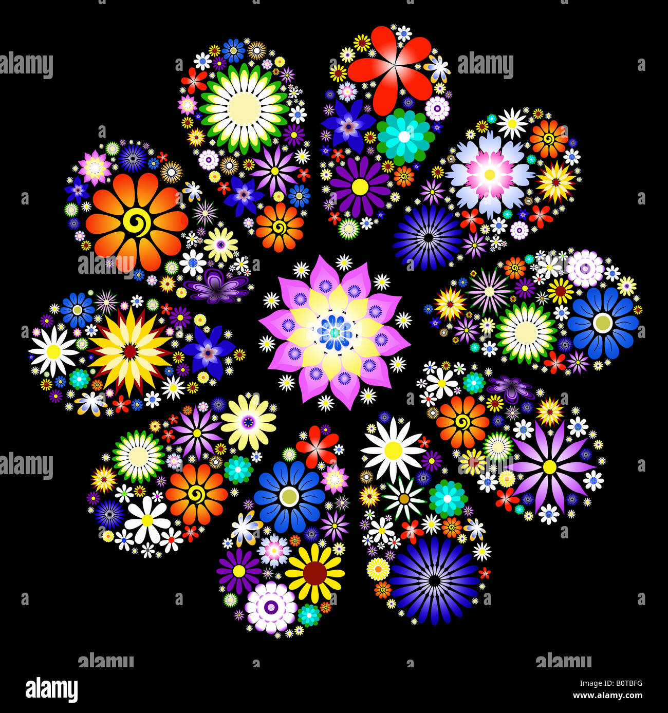 Flower head design created with digital flowers against a black ...