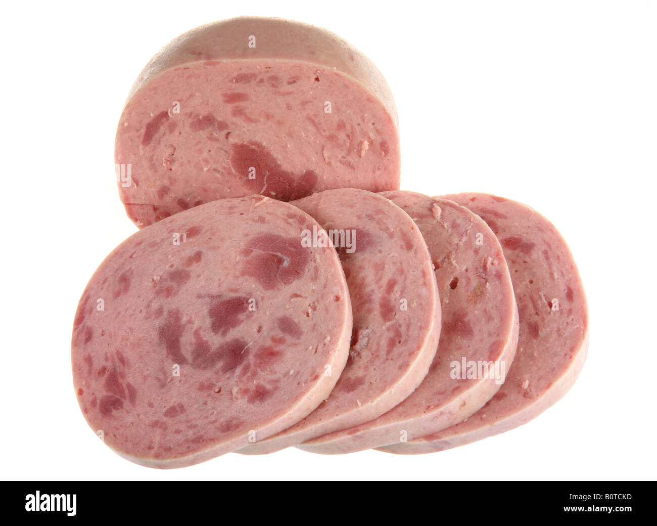 Sausage slice detail isolated on white background Stock Photo - Alamy
