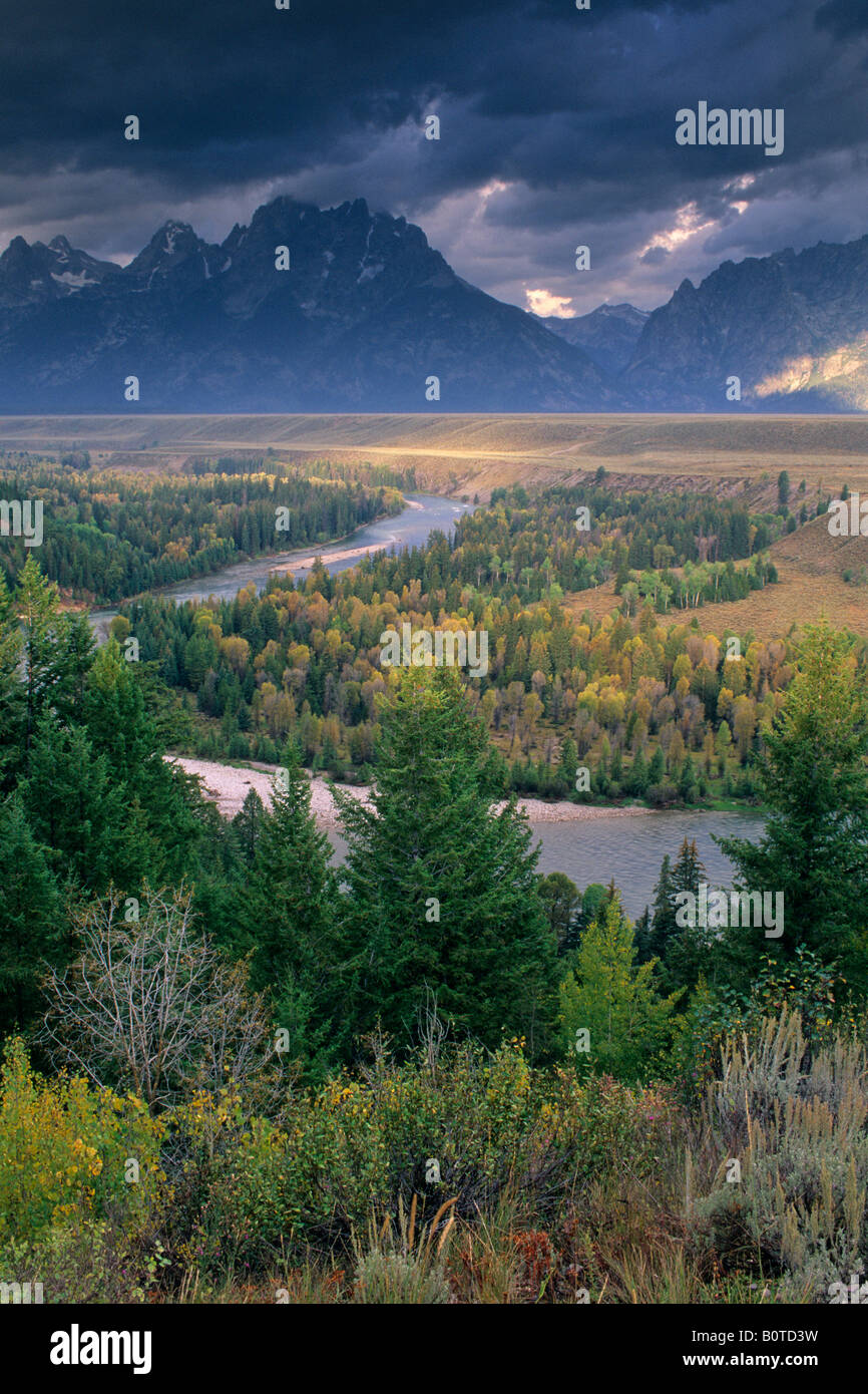Stormy sunrise over the Grand Tetons from the Snake River Overlook Grand Teton National Park ...