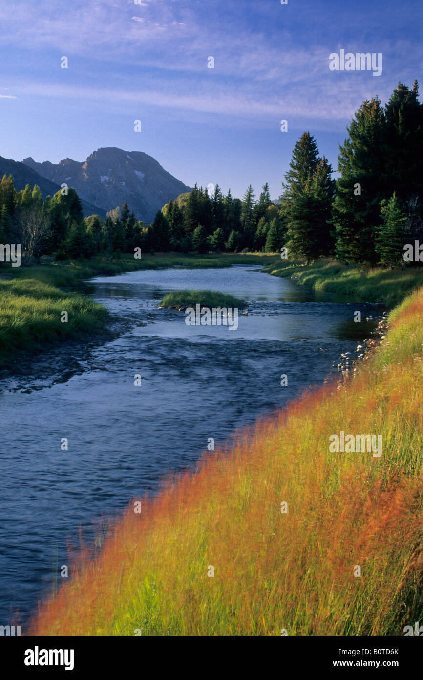 Side channel flow of the Snake River below Mt Moran at sunset Grand ...