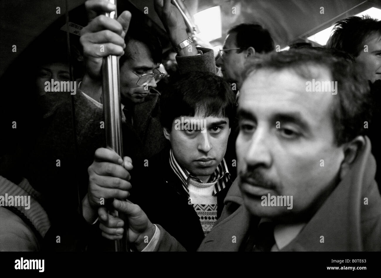 A crowded tube train in London. 1987 Stock Photo - Alamy