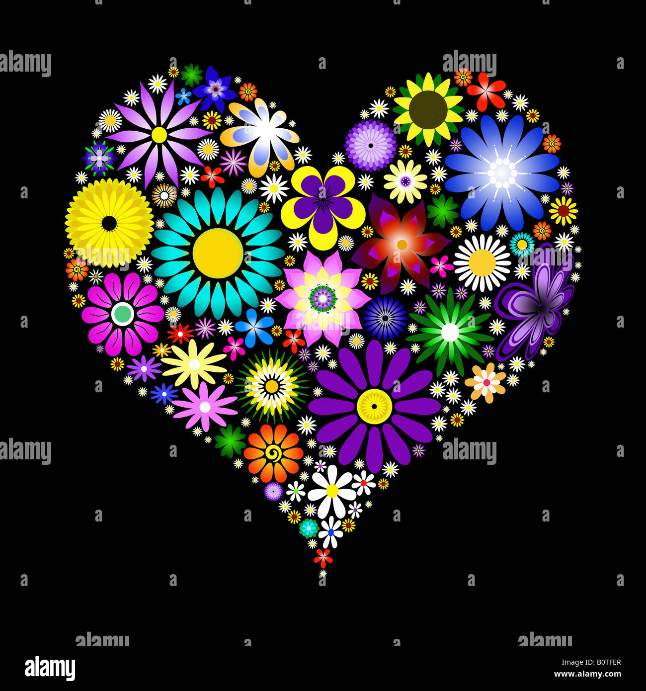 Heart shape illustration created with digital flowers against a black ...