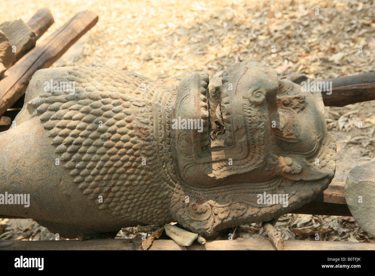 Broken Lion statue lying in the leaves from roof of the Royal building ...