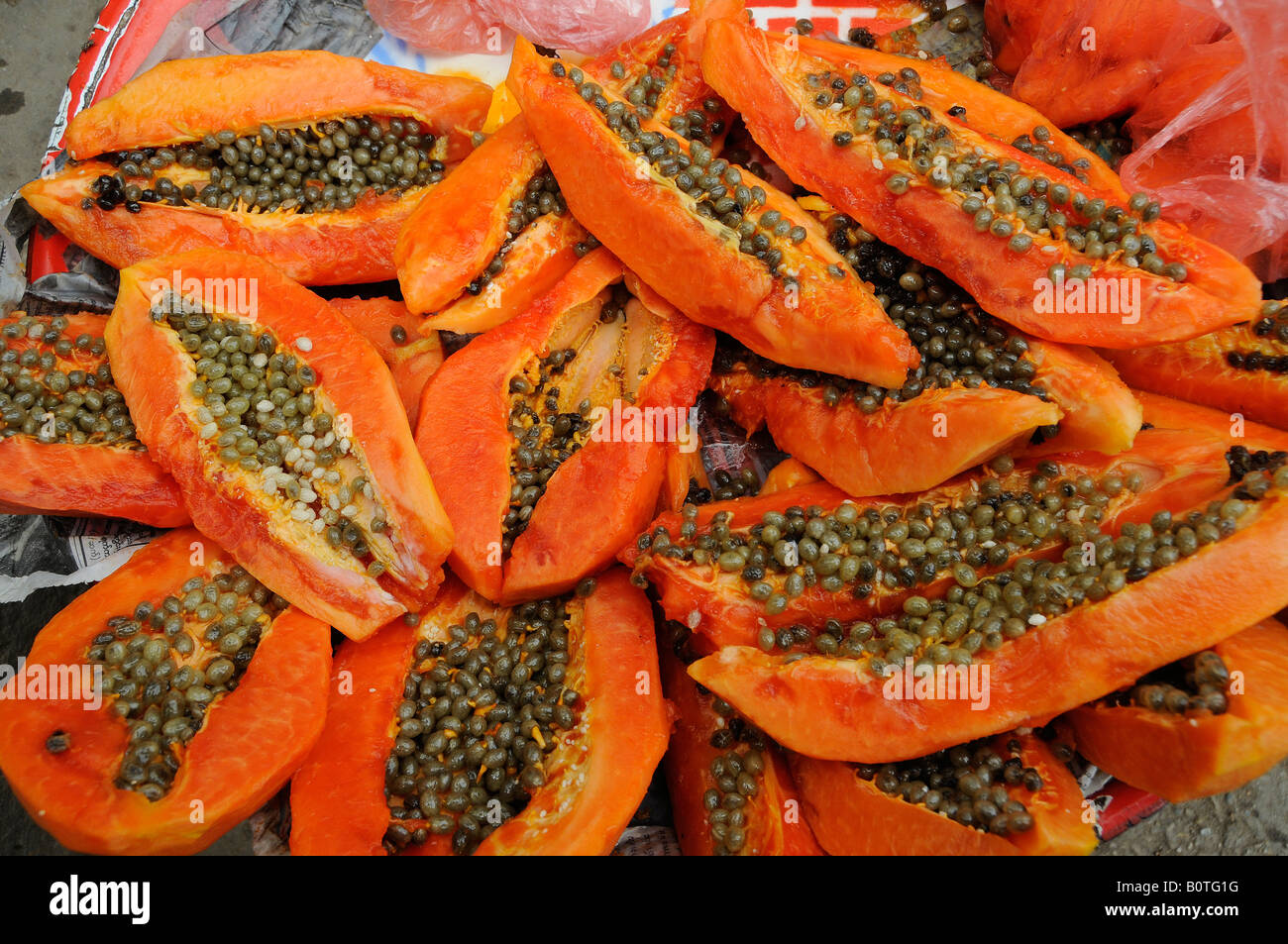 Slices of tropical muskmelon fruit at the market in the city of Yangon ...