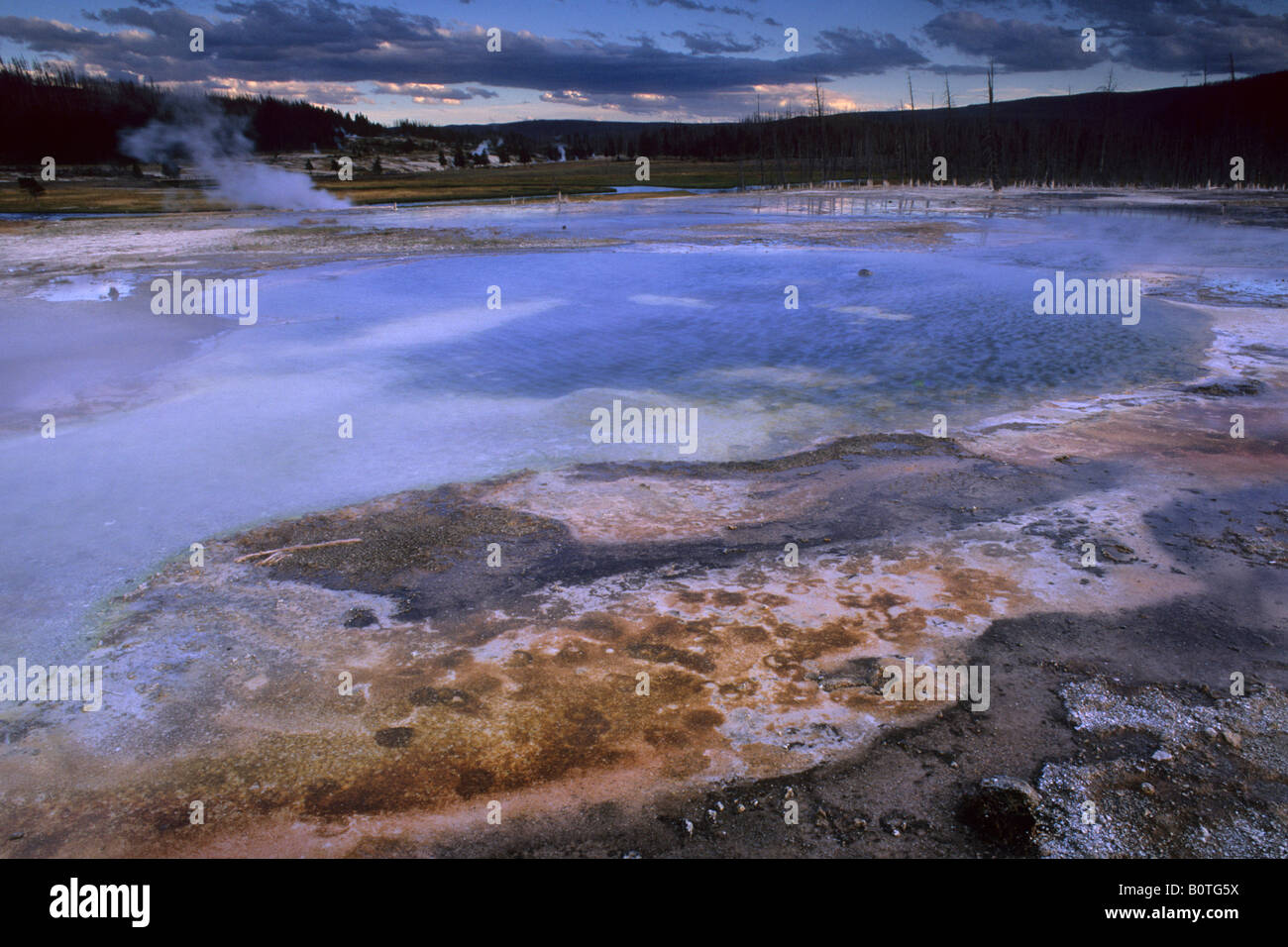 Mineral deposits at edge of thermal hot spring at sunset Biscuit Basin ...