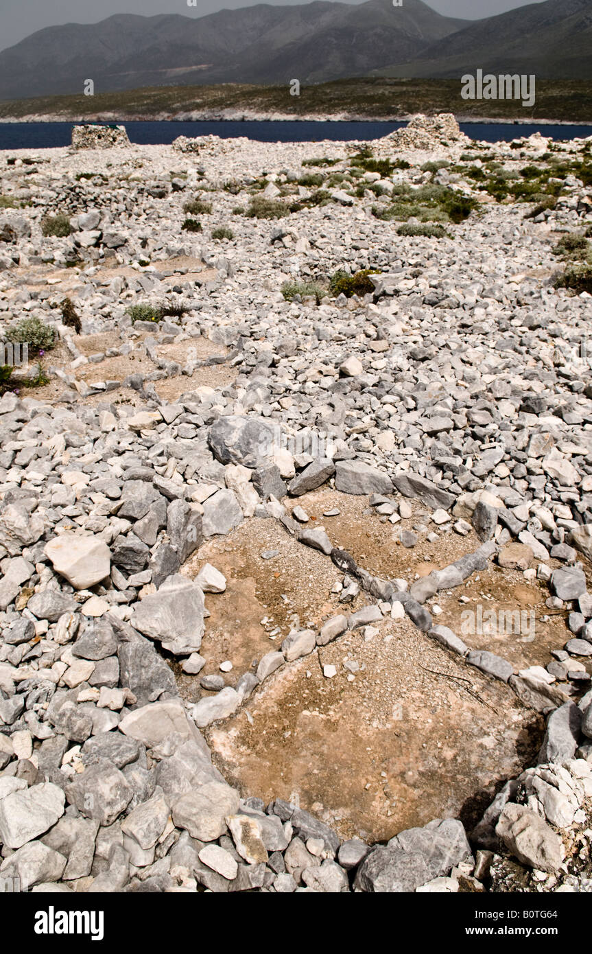 The remains of old salt pans on the Tigani Peninsula in the Deep Mani ...