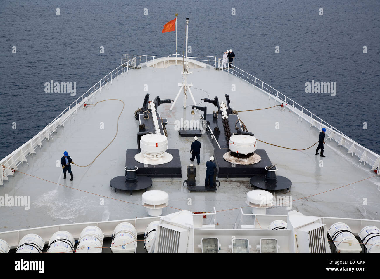 Cunard QE2 bow bring up the anchor chain deck officers points position ...