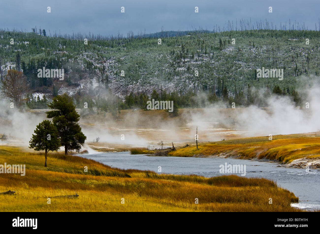 Geothermal steam rising above the Firehole River near midway Geyser ...