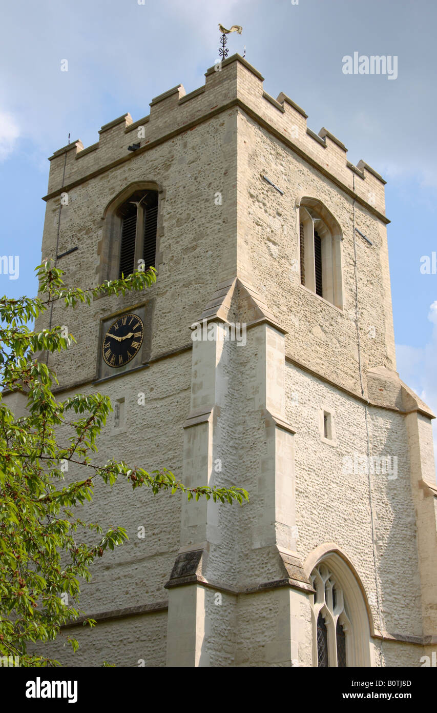 Grantchester Church clock tower at 10mins to 3pm Stock Photo - Alamy