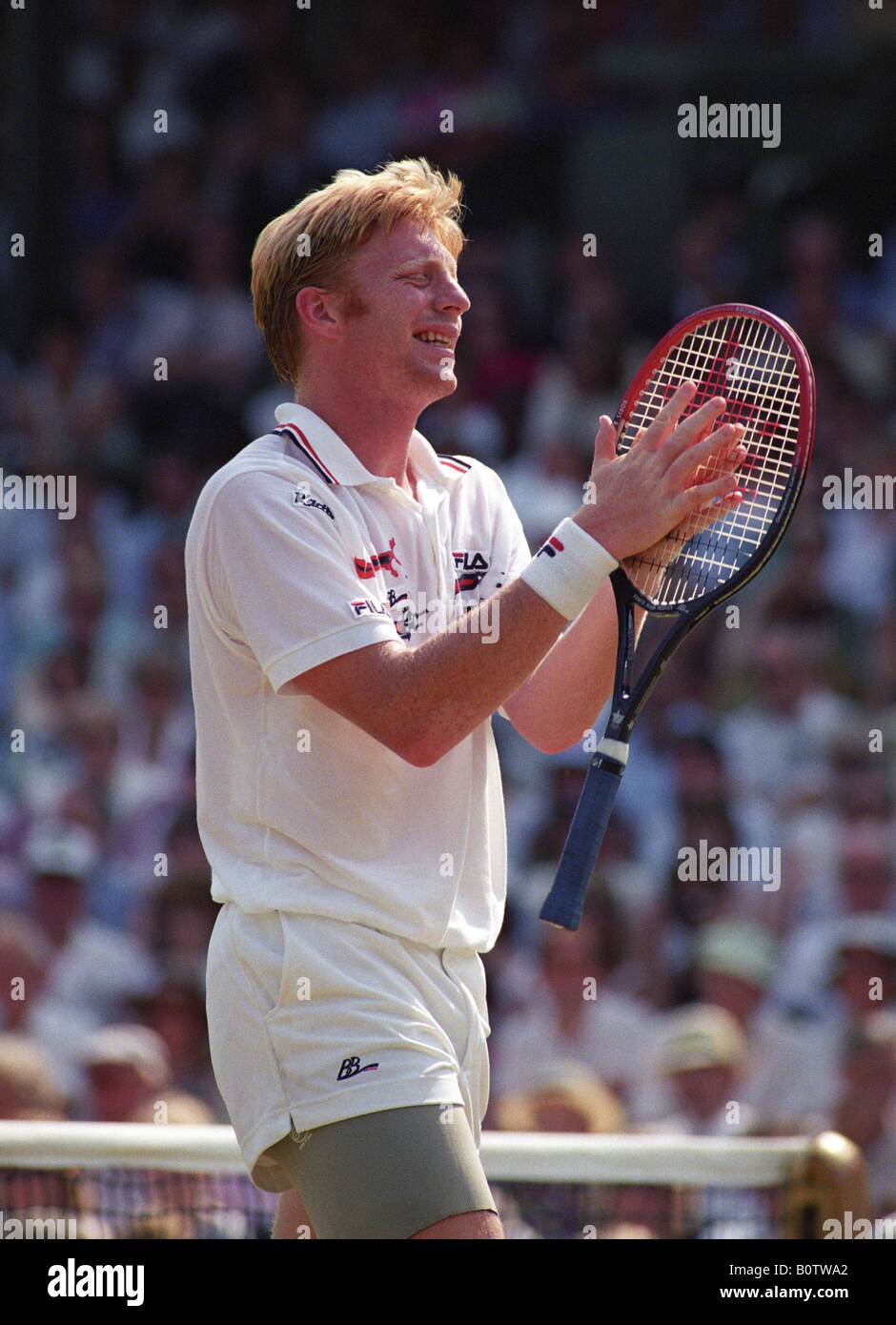 Wimbledon mens final 1991 Boris Becker prays with his racket Stock ...