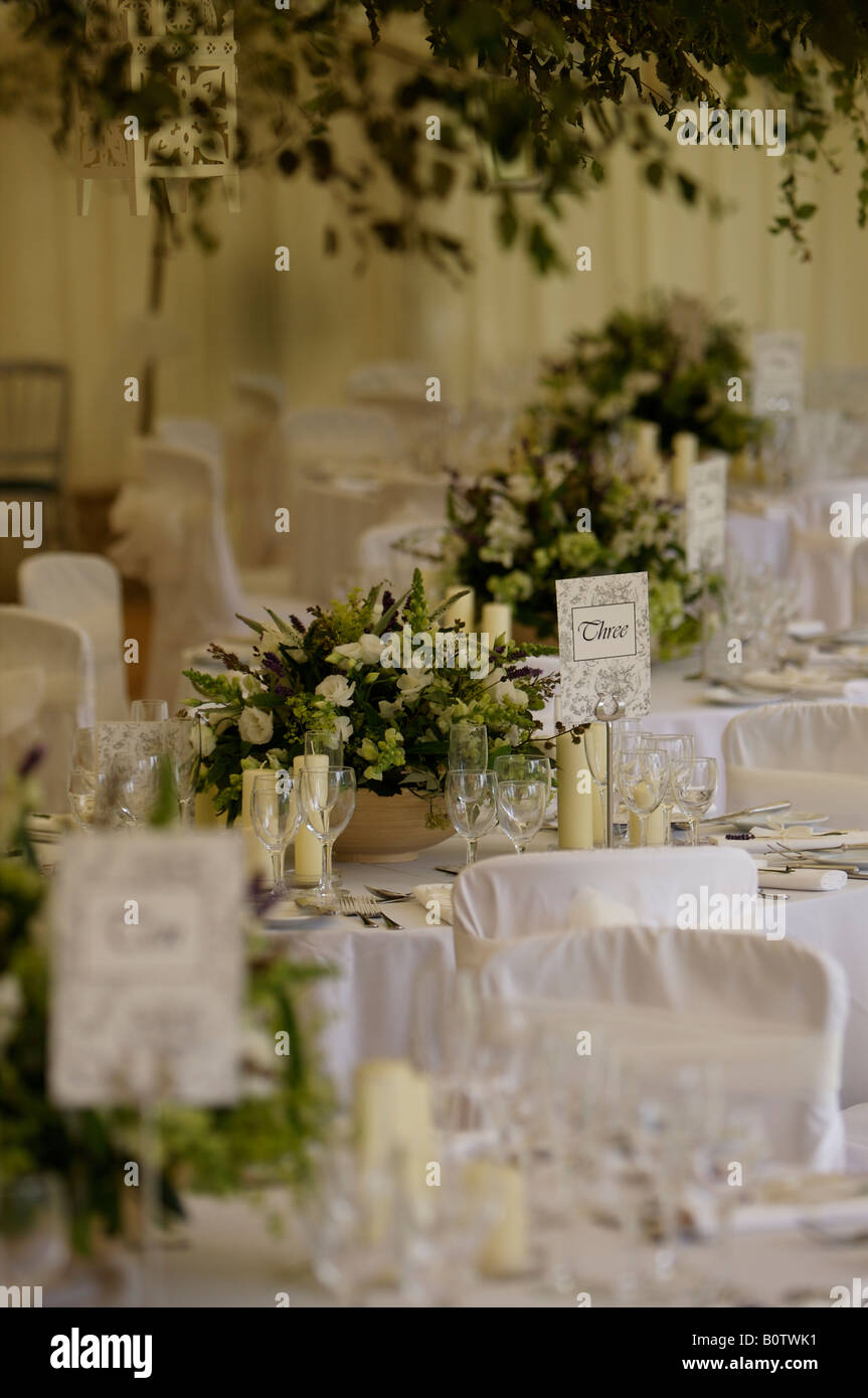Wedding table setting in Marquee Stock Photo - Alamy
