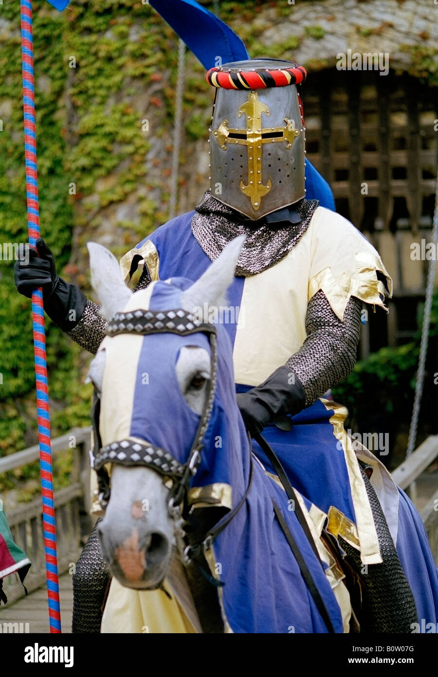 Jouster on horse back leaving the castle gate. Hever Castle Kent ...