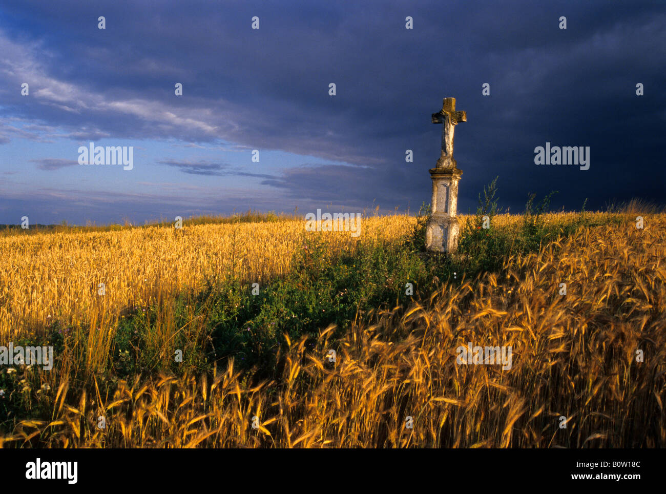 stone sculpture cross wayside shrine Roztocze region in south east ...