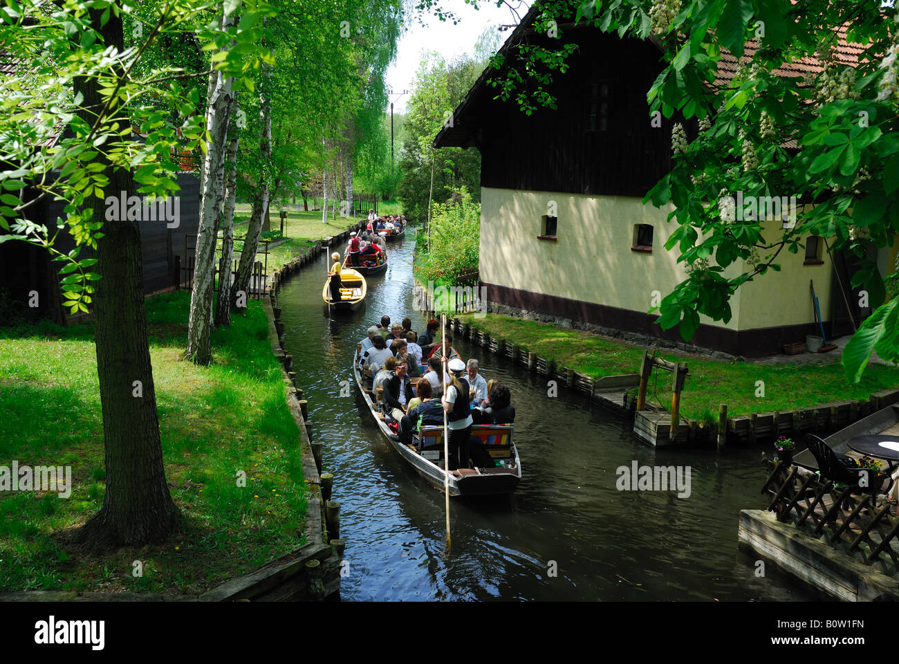 Punt boats in Lehde village in Spreewald forest region eastern Germany ...