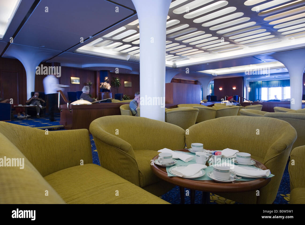 Cunard QE2 ship Queens Room prepared for afternoon tea Stock Photo - Alamy