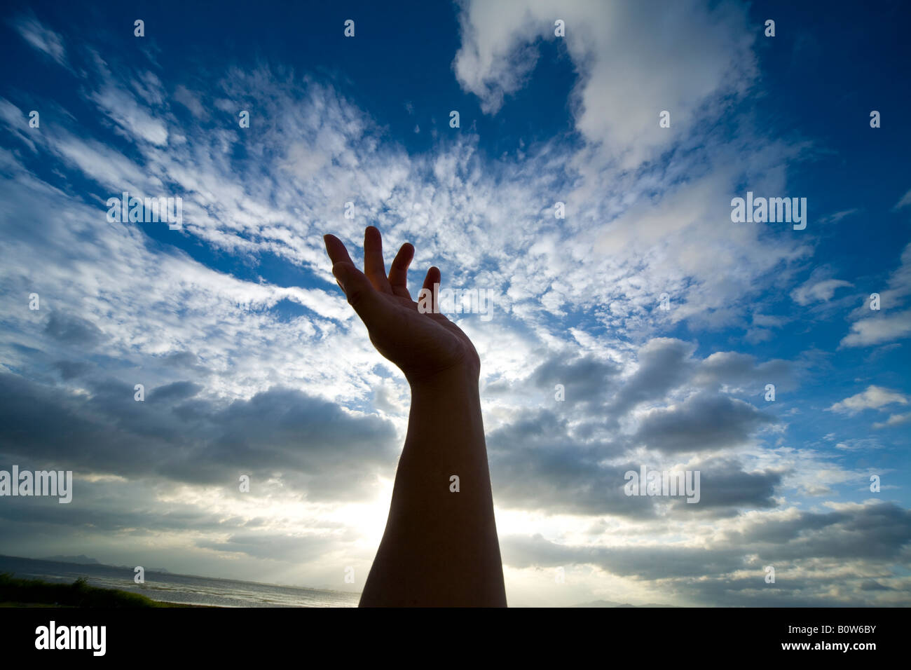 Man's hand reaching for sky Stock Photo - Alamy