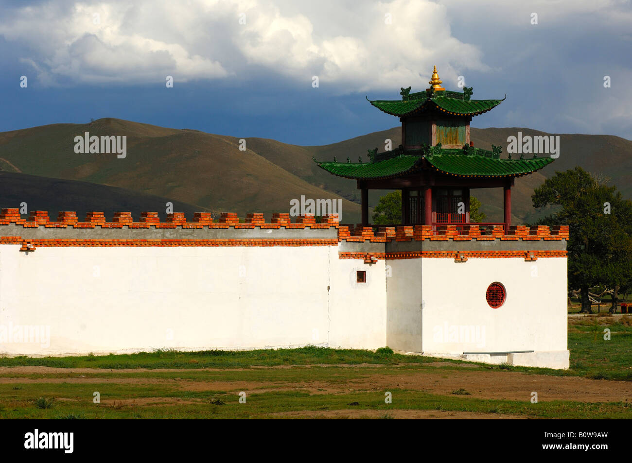 White wall and tower of the Mongolia Hotel built in the style of a ...