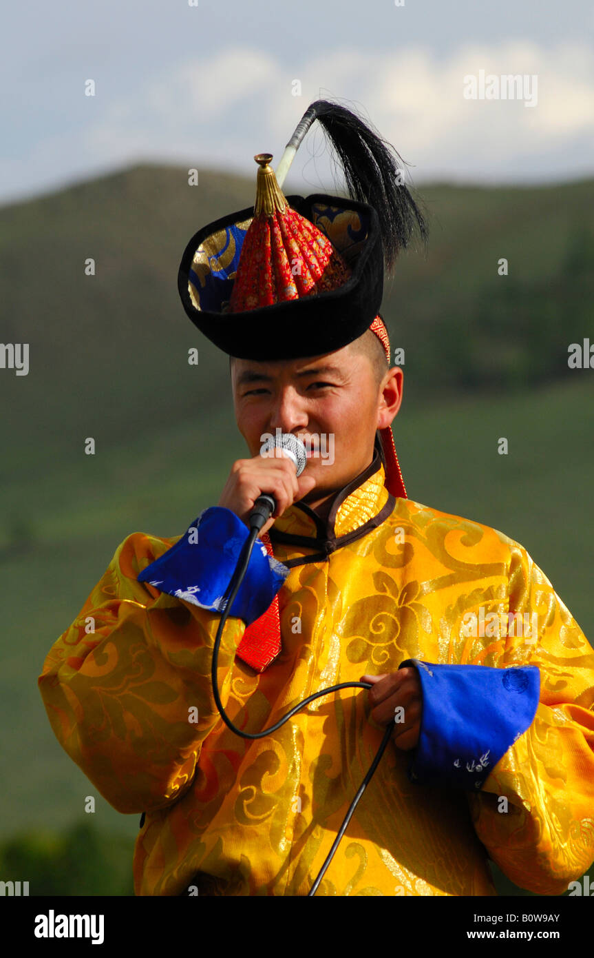 Singer wearing traditional Mongolian national costume during the Naadam ...