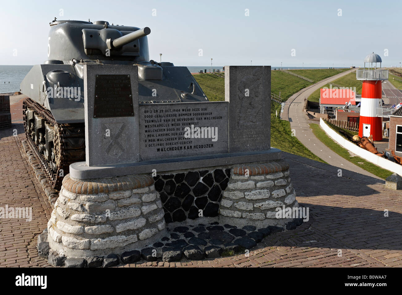 Sherman tank on a dyke near Westkapelle, memorial to the liberation of ...