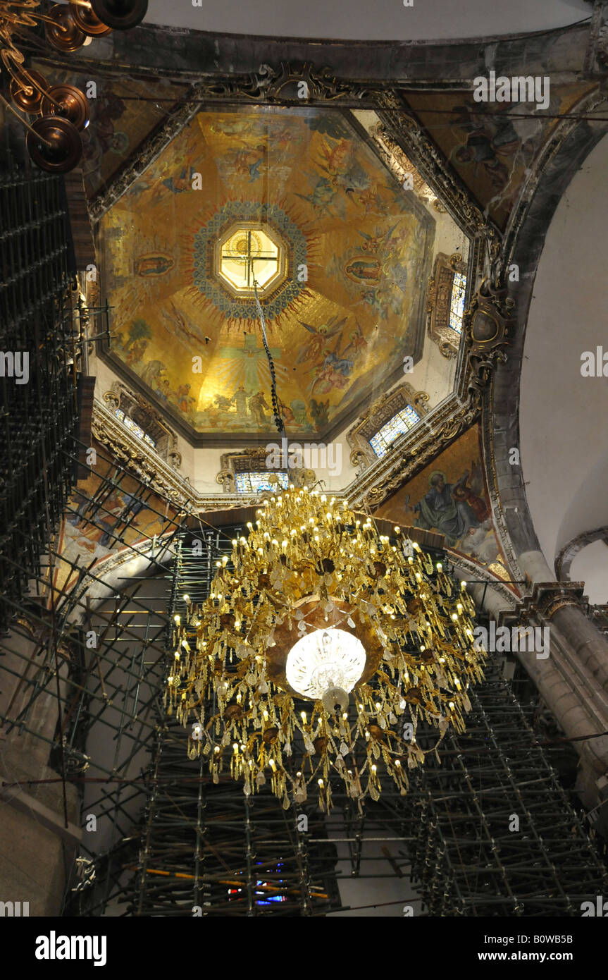 Interior view, chandelier and painted ceiling, old Basilica Guadalupe ...