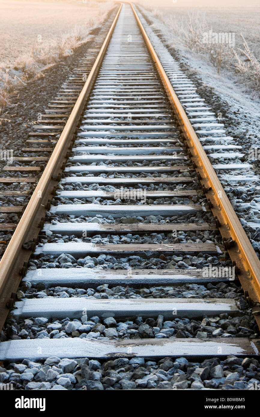 Railway, railroad, train tracks in winter Stock Photo - Alamy