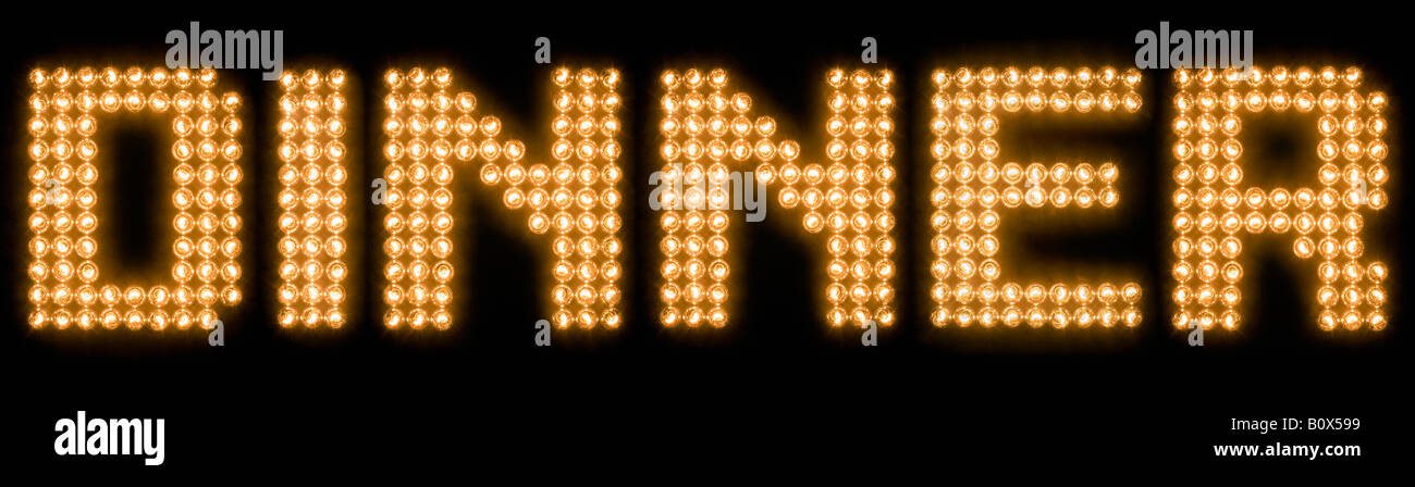 The word dinner in illuminated light bulbs Stock Photo - Alamy