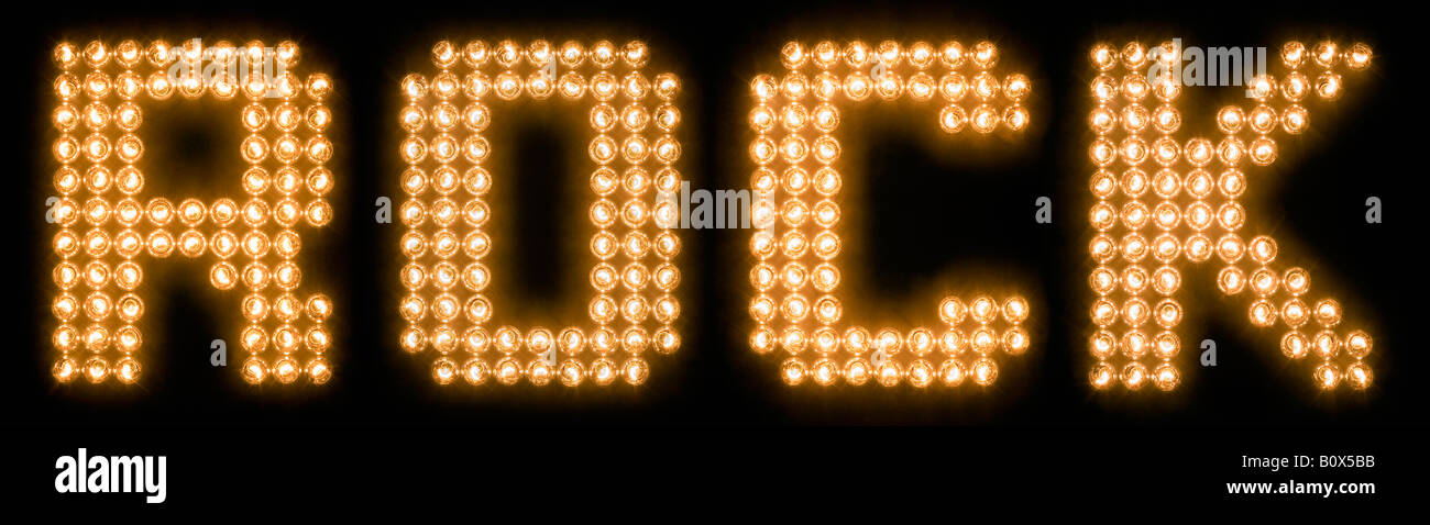 The word rock in illuminated light bulbs Stock Photo - Alamy