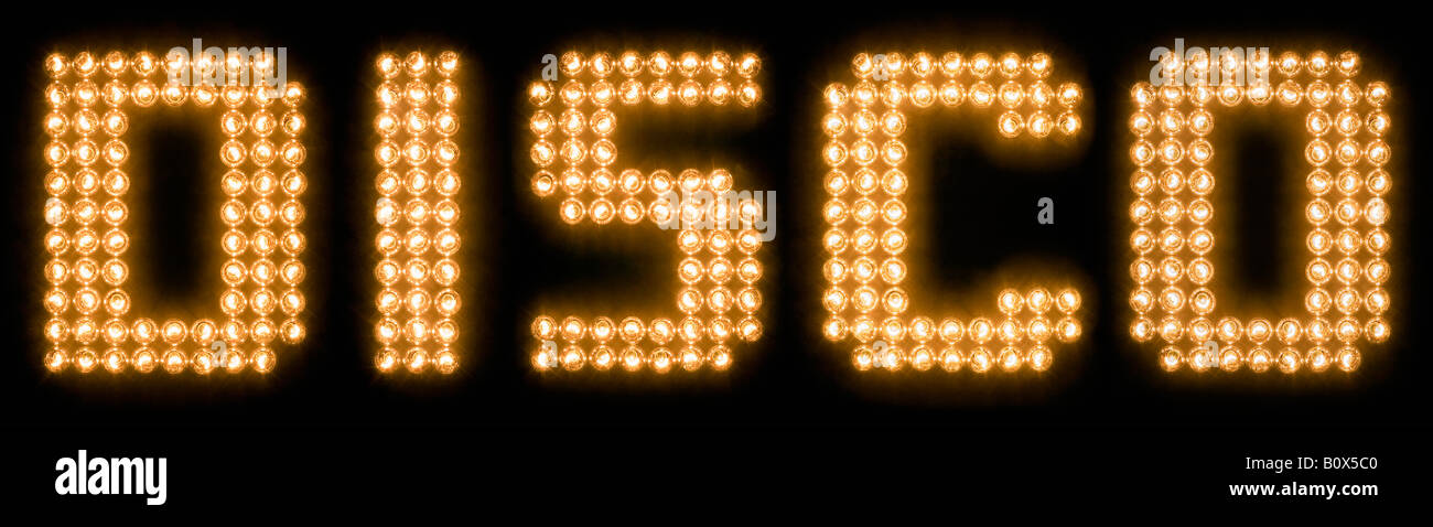 The word disco in illuminated light bulbs Stock Photo - Alamy