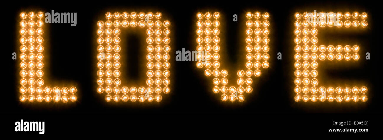 The word love in illuminated light bulbs Stock Photo - Alamy
