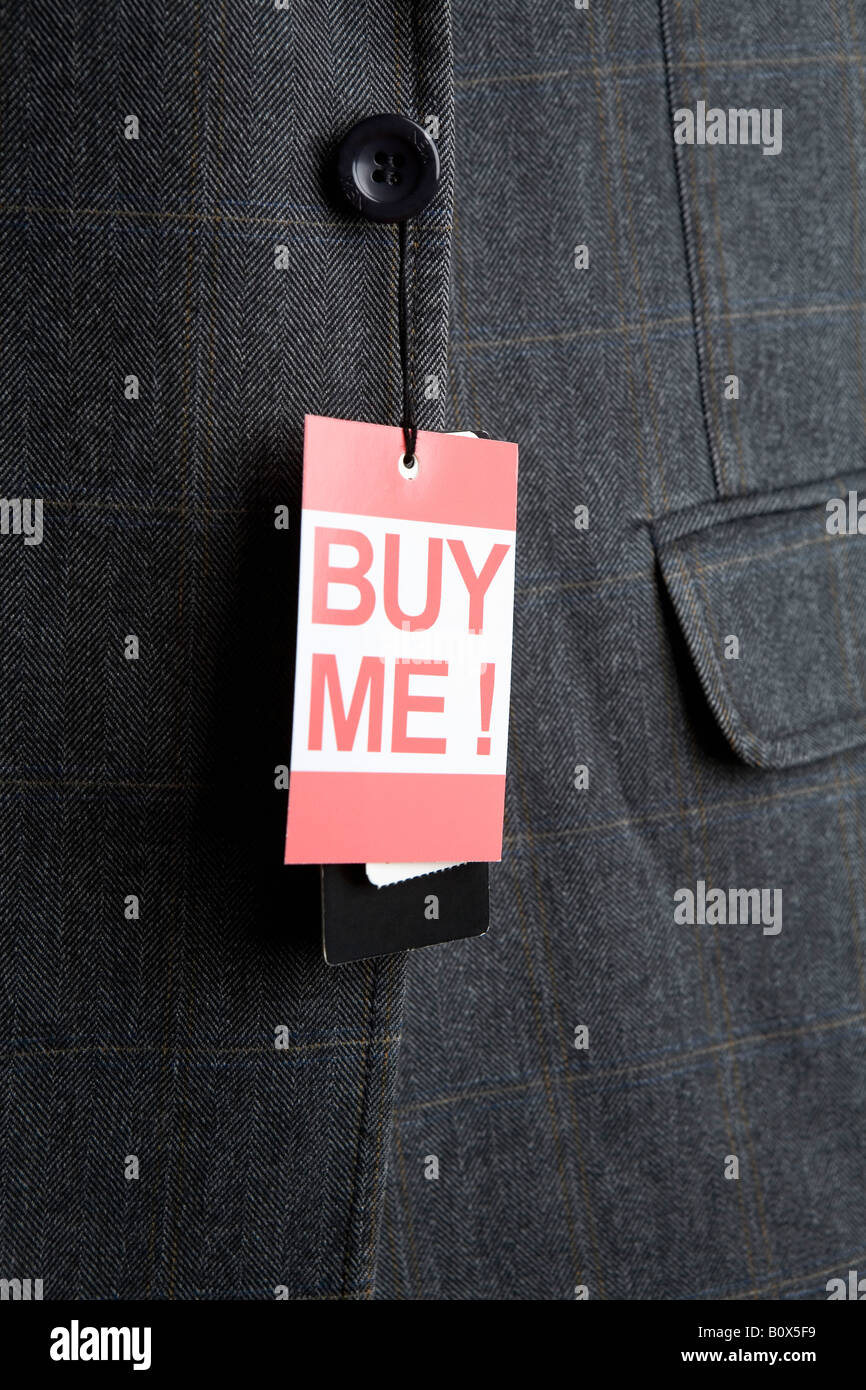 ‘Buy Me!’ price tag hanging from a sport jacket button Stock Photo - Alamy