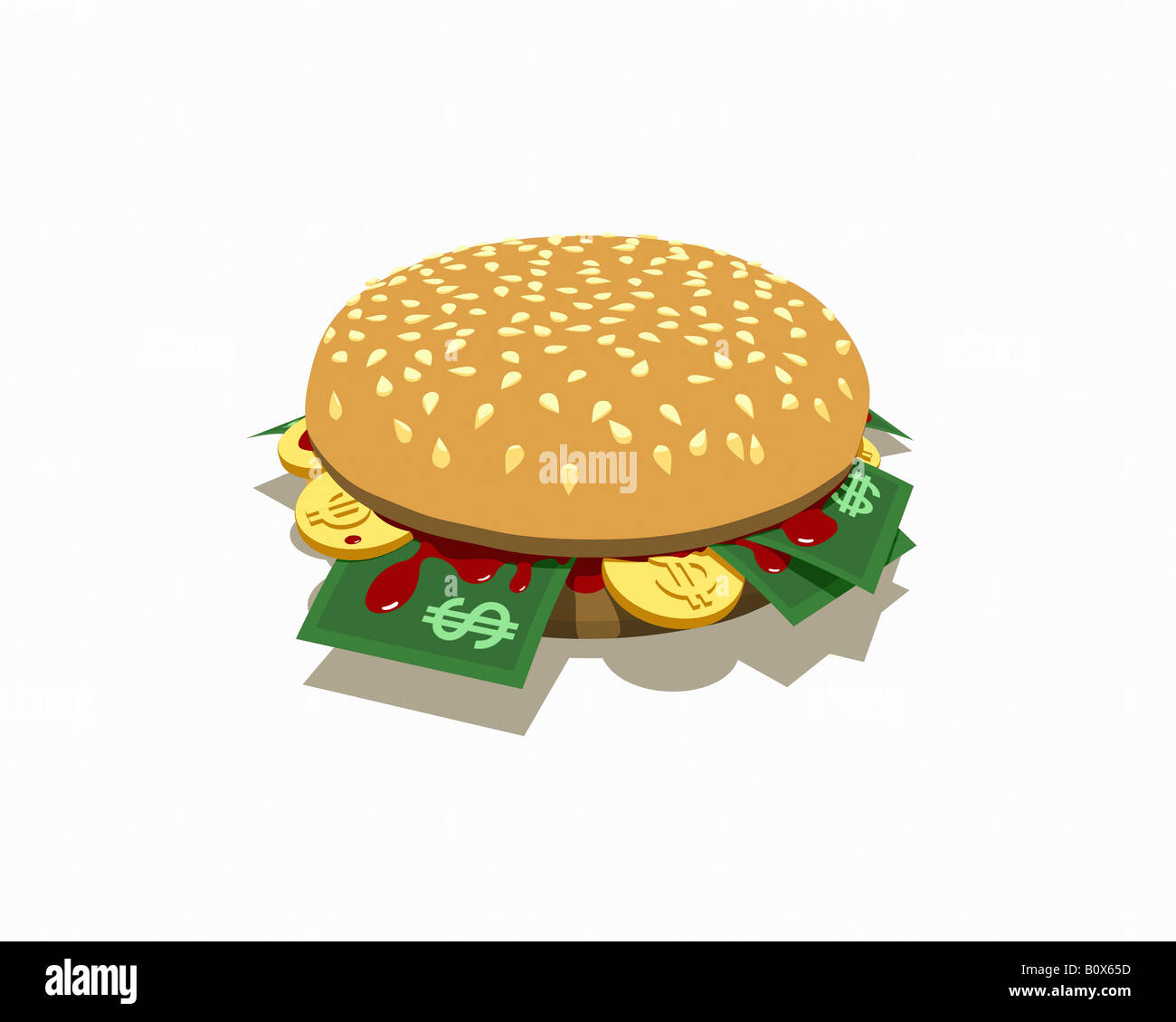 A burger with dollar banknotes and coins inside Stock Photo - Alamy