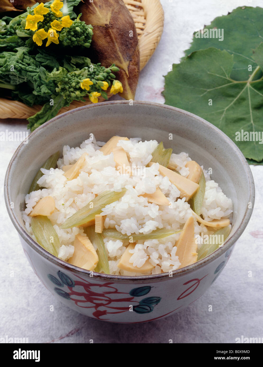 Bowl of steamed rice with bamboo shoot and vegetable Stock Photo - Alamy
