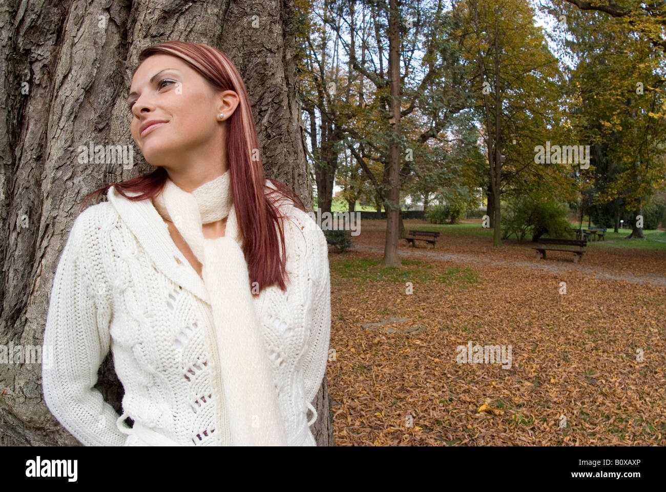woman in autumn leaning against tree trunk Stock Photo - Alamy
