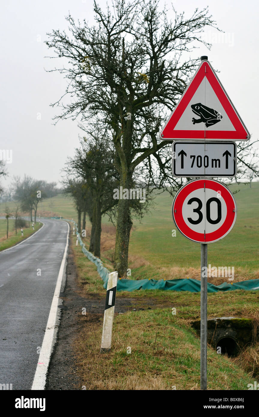 warning sign with toad fence during toad migration, Germany Stock Photo ...