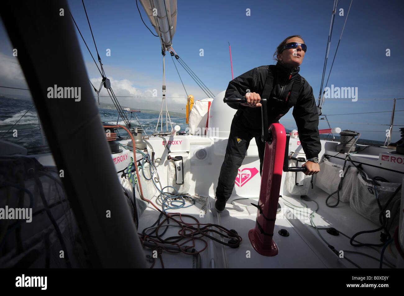 Sailor Sam Davies seen winching on board the Roxy sixty foot Transat ...
