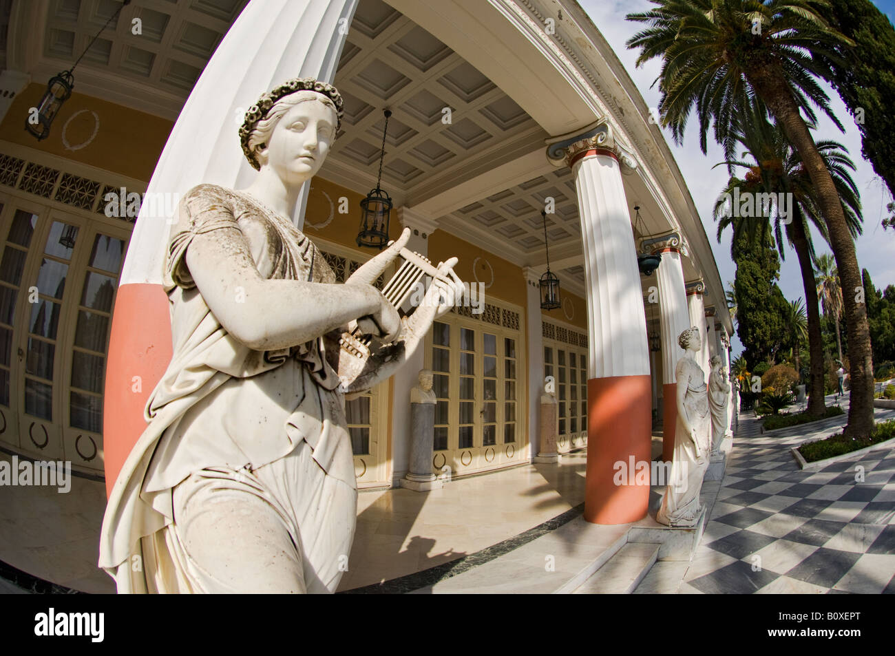 Fish eye view of the Collonade of the Muses. Achilleion, Corfu, Greece ...