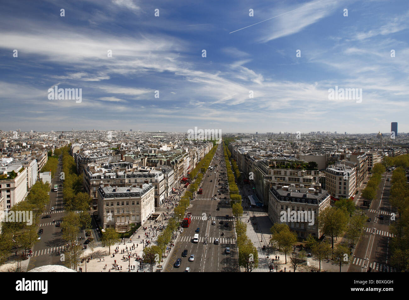 A view along the Avenue Champs Elysees in Paris towards the Louve and ...