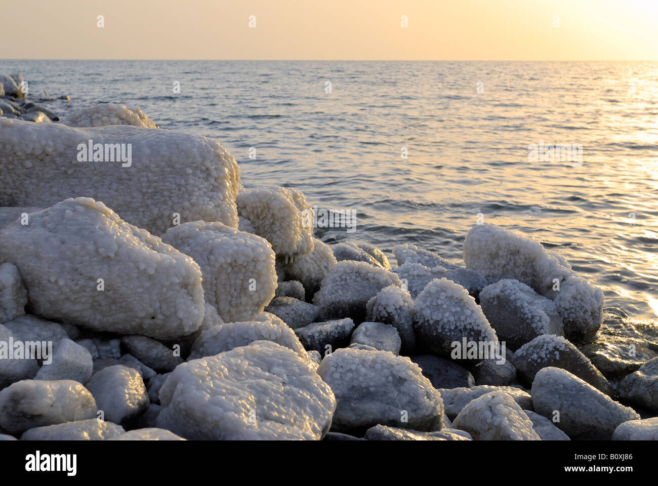rocks with salt at coastline of Dead Sea Jordan Arabia, lowest place on ...
