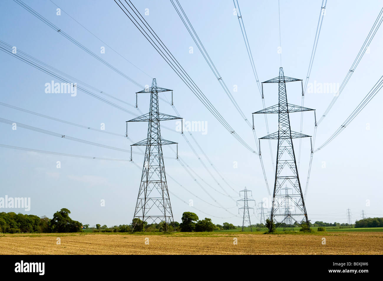 UK England Suffolk power lines from Sizewell B Nuclear Power Plant over ...