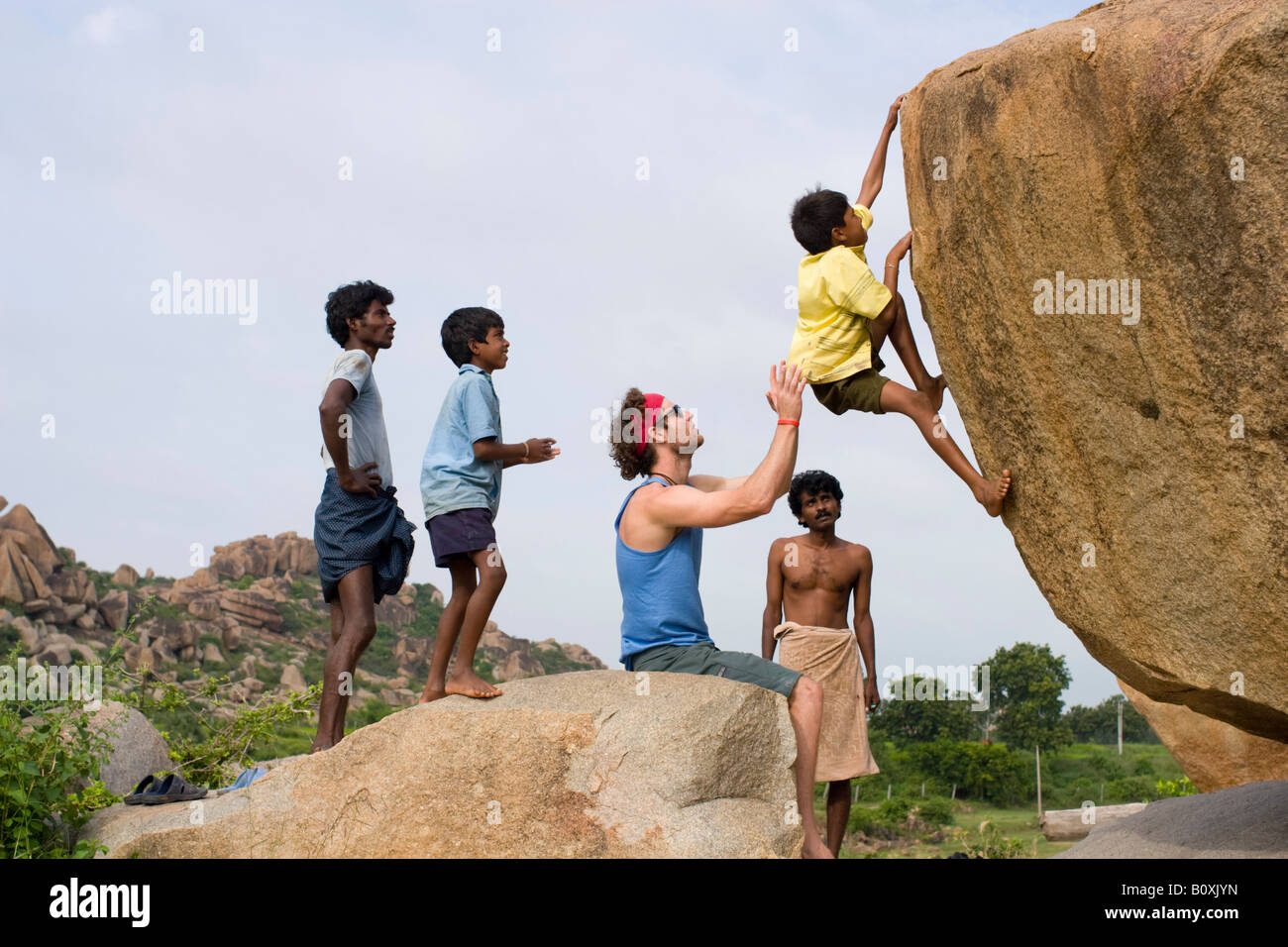 Local Indian children bouldering near the Baba Cafe in Hampi India ...