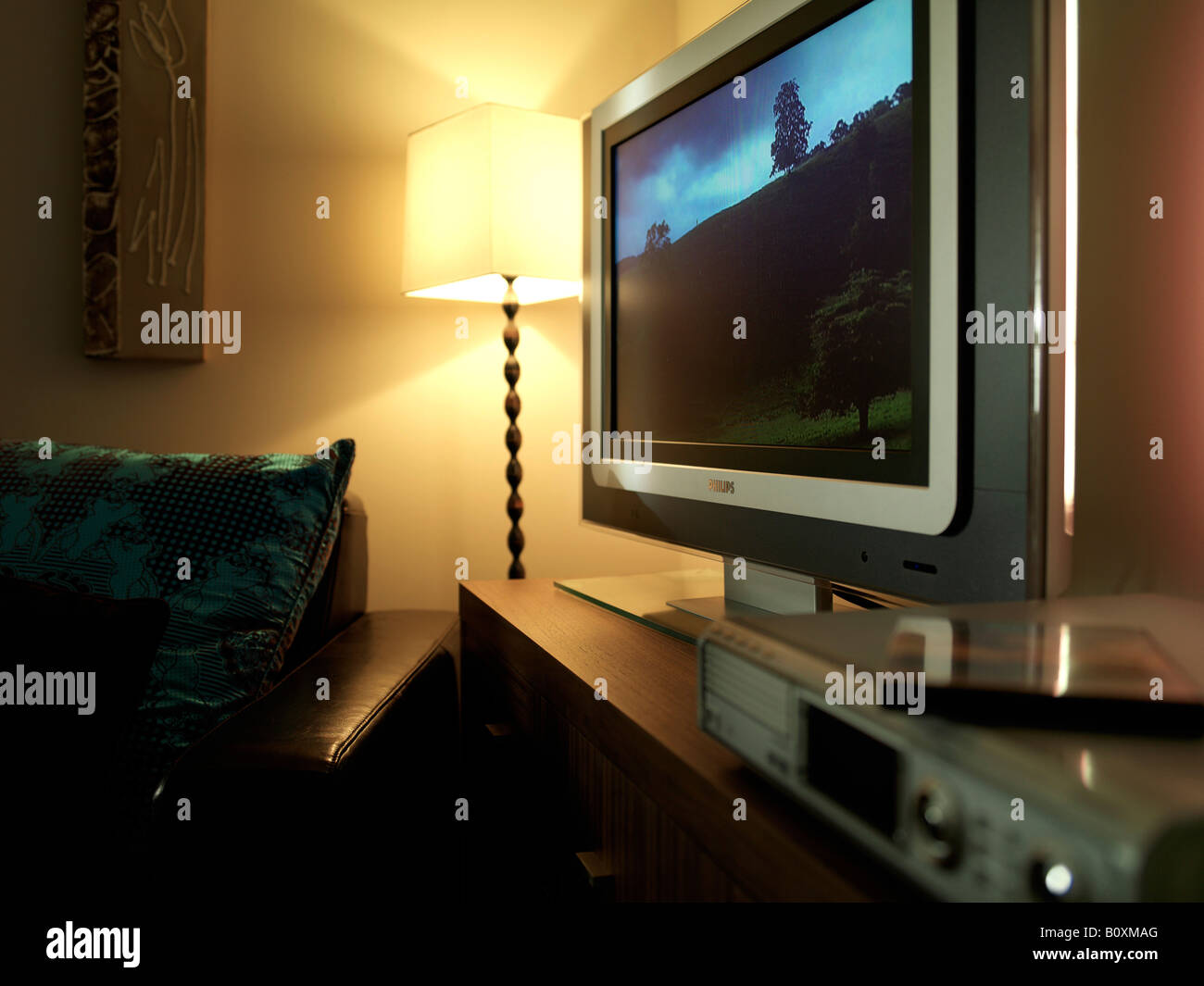 Close up detail of television dvd player with lamp in the corner Stock ...