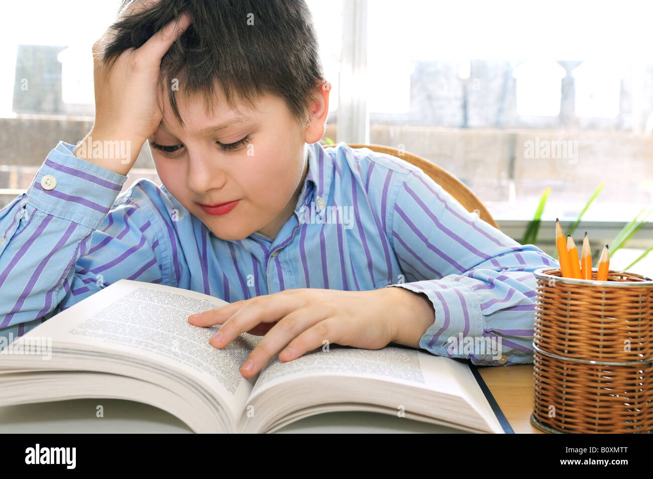Serious school boy studying with a book Stock Photo - Alamy