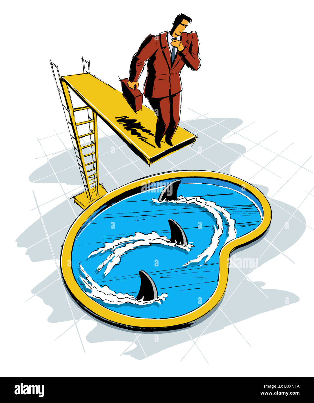 Businessman on springboard over shark pool Stock Photo - Alamy