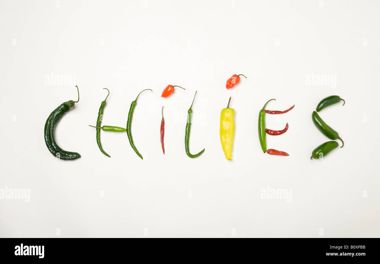 The word Chilies spelled out using various chili peppers Stock Photo ...