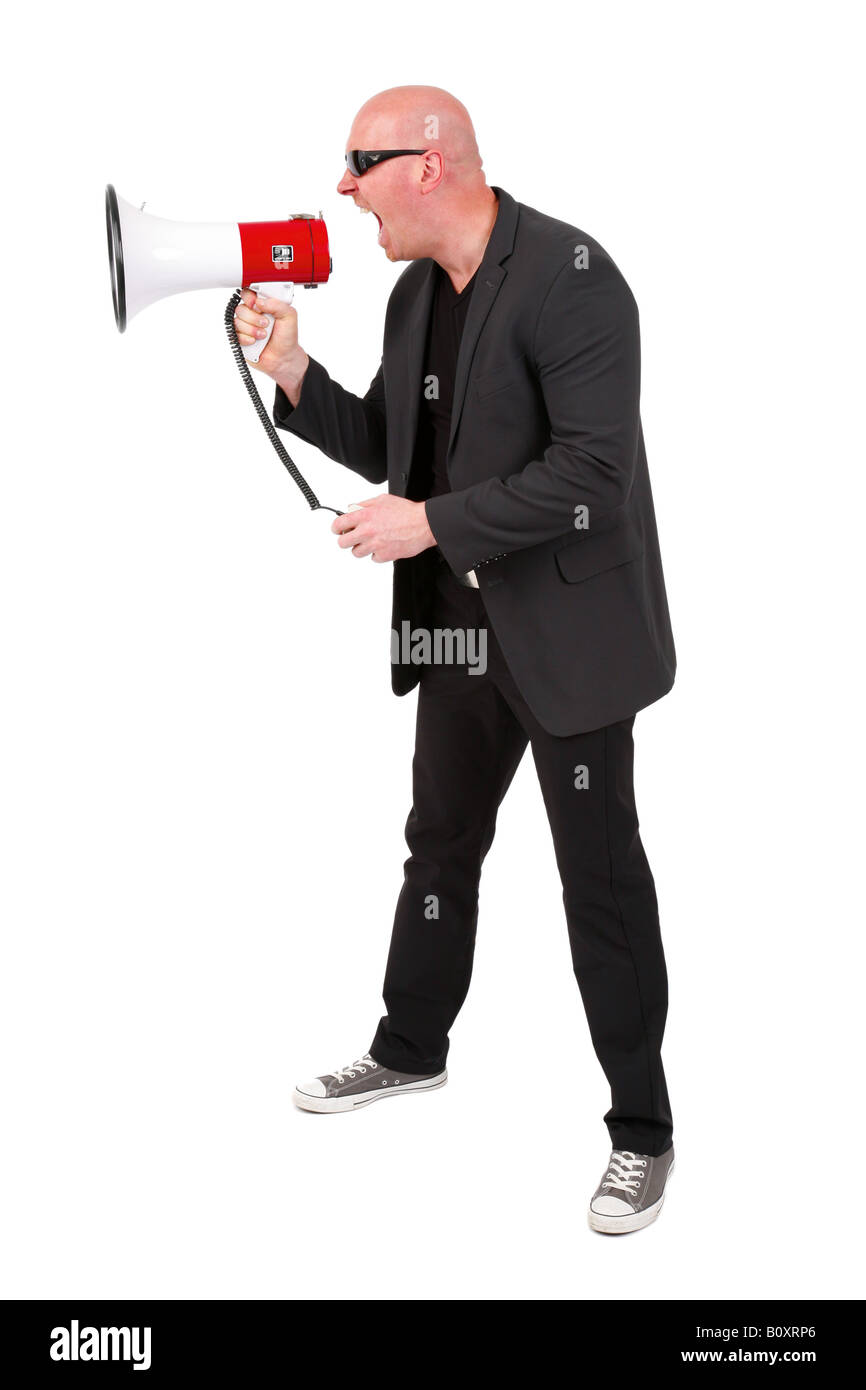bald headed man shouting into a megaphone Stock Photo - Alamy